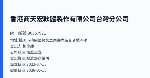 香港商天宏軟體製作有限公司台灣分公司的照片-統編 90357971(桃園市) 公司登記資料與營業項目詳細圖表