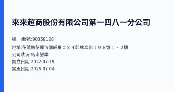 來來超商股份有限公司第一四八一分公司的照片-統編 90358198(花蓮縣) 公司登記資料與營業項目詳細圖表