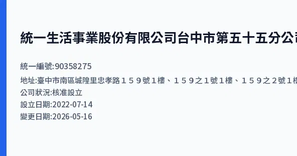 統一生活事業股份有限公司台中市第五十五分公司的照片-統編 90358275(臺中市) 公司登記資料與營業項目詳細圖表