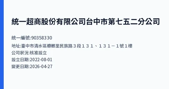 統一超商股份有限公司台中市第七五二分公司的照片-統編 90358330(臺中市) 公司登記資料與營業項目詳細圖表