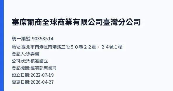 塞席爾商全球商業有限公司臺灣分公司的照片-統編 90358514(臺北市) 公司登記資料與營業項目詳細圖表