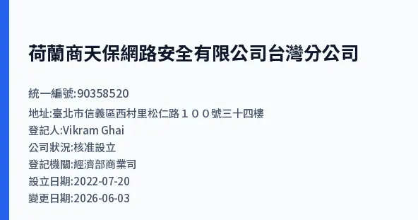 荷蘭商天保網路安全有限公司台灣分公司的照片-統編 90358520(臺北市) 公司登記資料與營業項目詳細圖表