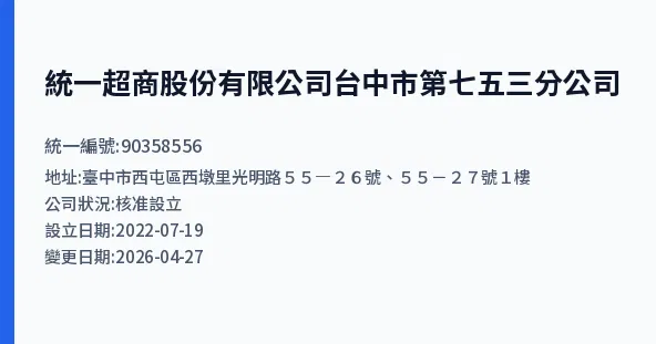 統一超商股份有限公司台中市第七五三分公司的照片-統編 90358556(臺中市) 公司登記資料與營業項目詳細圖表