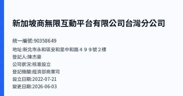 新加坡商無限互動平台有限公司台灣分公司的照片-統編 90358649(新北市) 公司登記資料與營業項目詳細圖表