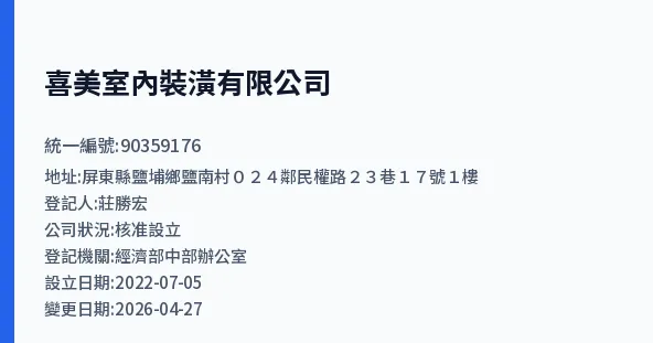 喜美室內裝潢有限公司的照片-統編 90359176(屏東縣) 公司登記資料與營業項目詳細圖表