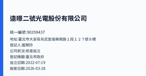 遠暻二號光電股份有限公司的照片-統編 90359437(臺北市) 公司登記資料與營業項目詳細圖表