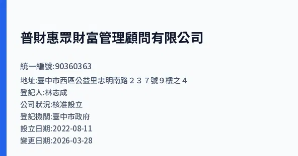 普財惠眾財富管理顧問有限公司的照片-統編 90360363(臺中市) 公司登記資料與營業項目詳細圖表
