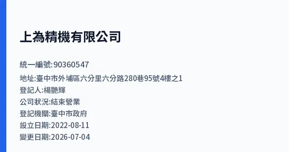 上為精機有限公司的照片-統編 90360547(臺中市) 公司登記資料與營業項目詳細圖表