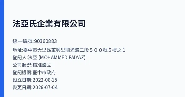 法亞氏企業有限公司的照片-統編 90360883(臺中市) 公司登記資料與營業項目詳細圖表