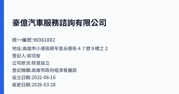 豪億汽車服務諮詢有限公司的照片-統編 90361882(高雄市) 公司登記資料與營業項目詳細圖表