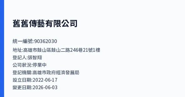 舊舊傳藝有限公司的照片-統編 90362030(高雄市) 公司登記資料與營業項目詳細圖表