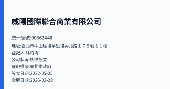 威陽國際聯合商業有限公司的照片-統編 90362448(臺北市) 公司登記資料與營業項目詳細圖表