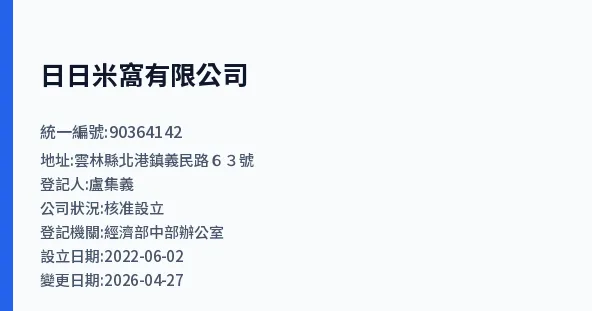 日日米窩有限公司的照片-統編 90364142(雲林縣) 公司登記資料與營業項目詳細圖表