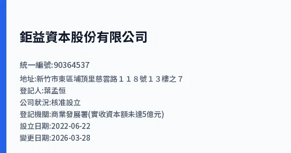 鉅益資本股份有限公司的照片-統編 90364537(新竹市) 公司登記資料與營業項目詳細圖表
