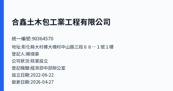 合鑫土木包工業工程有限公司的照片-統編 90364570(彰化縣) 公司登記資料與營業項目詳細圖表