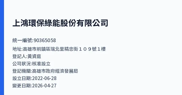 上鴻環保綠能股份有限公司的照片-統編 90365058(高雄市) 公司登記資料與營業項目詳細圖表