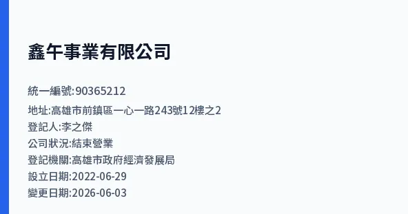鑫午事業有限公司的照片-統編 90365212(高雄市) 公司登記資料與營業項目詳細圖表