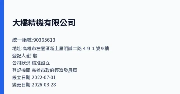 大橋精機有限公司的照片-統編 90365613(高雄市) 公司登記資料與營業項目詳細圖表