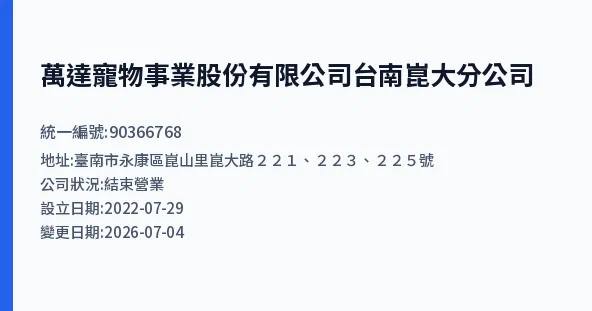 萬達寵物事業股份有限公司台南崑大分公司的照片-統編 90366768(臺南市) 公司登記資料與營業項目詳細圖表
