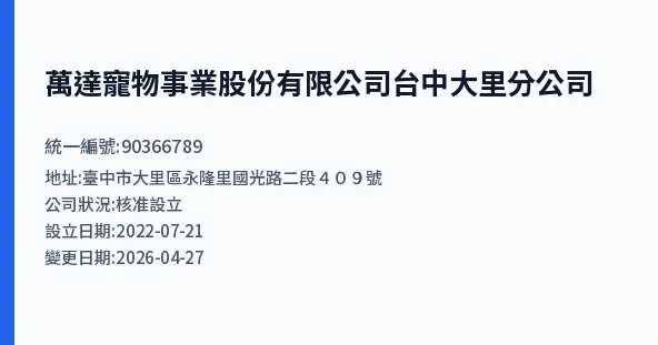 萬達寵物事業股份有限公司台中大里分公司的照片-統編 90366789(臺中市) 公司登記資料與營業項目詳細圖表
