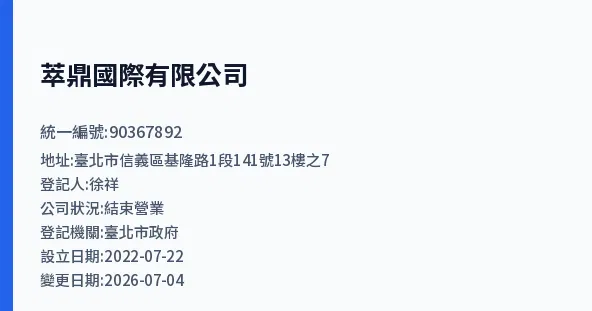 萃鼎國際有限公司的照片-統編 90367892(臺北市) 公司登記資料與營業項目詳細圖表