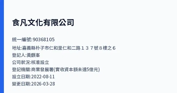 食凡文化有限公司的照片-統編 90368105(嘉義縣) 公司登記資料與營業項目詳細圖表