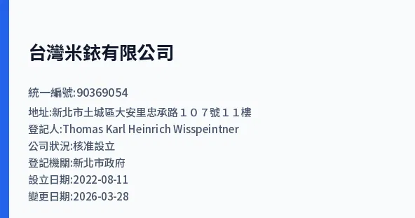 台灣米銥有限公司的照片-統編 90369054(新北市) 公司登記資料與營業項目詳細圖表