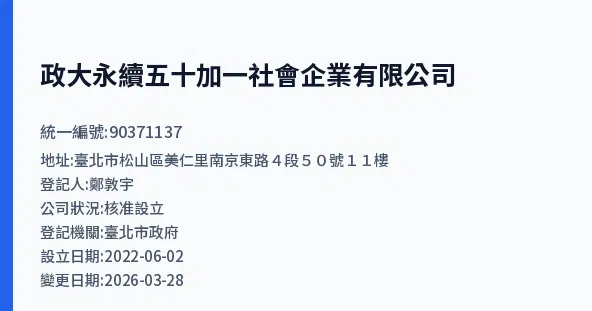 政大永續五十加一社會企業有限公司的照片-統編 90371137(臺北市) 公司登記資料與營業項目詳細圖表