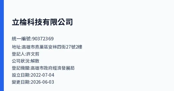 立棆科技有限公司的照片-統編 90372369(高雄市) 公司登記資料與營業項目詳細圖表