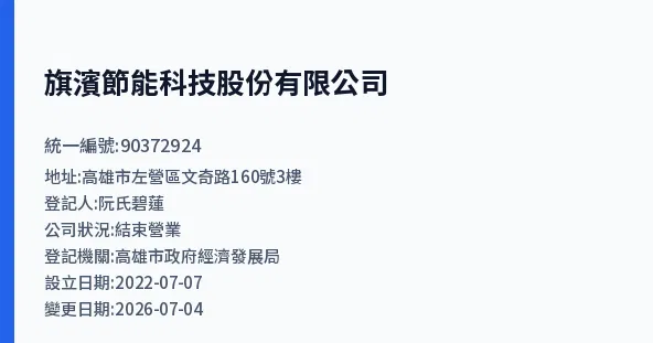 旗濱節能科技股份有限公司的照片-統編 90372924(高雄市) 公司登記資料與營業項目詳細圖表
