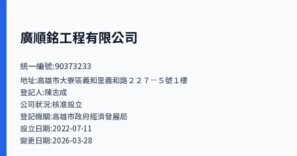 廣順銘工程有限公司的照片-統編 90373233(高雄市) 公司登記資料與營業項目詳細圖表