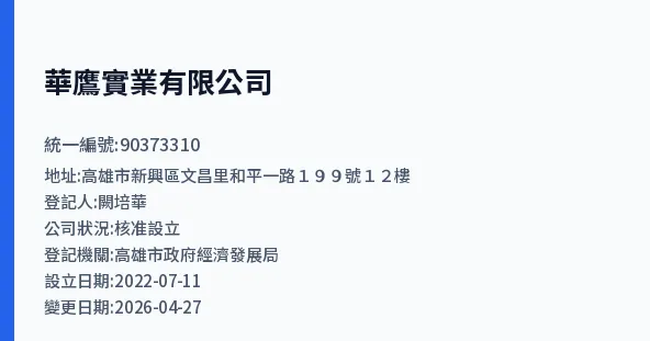 華鷹實業有限公司的照片-統編 90373310(高雄市) 公司登記資料與營業項目詳細圖表