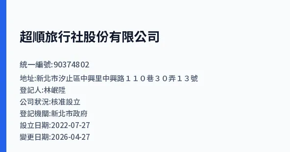 超順旅行社股份有限公司的照片-統編 90374802(新北市) 公司登記資料與營業項目詳細圖表
