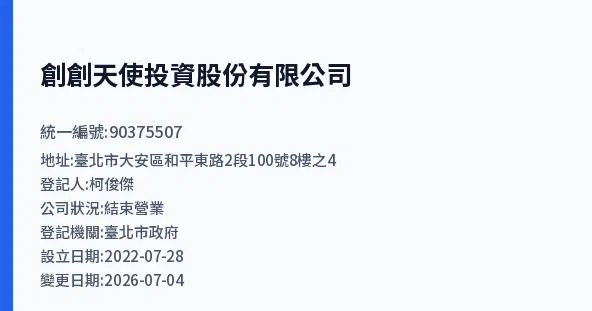 創創天使投資股份有限公司的照片-統編 90375507(臺北市) 公司登記資料與營業項目詳細圖表