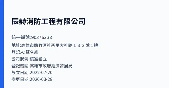 辰赫消防工程有限公司的照片-統編 90376338(高雄市) 公司登記資料與營業項目詳細圖表