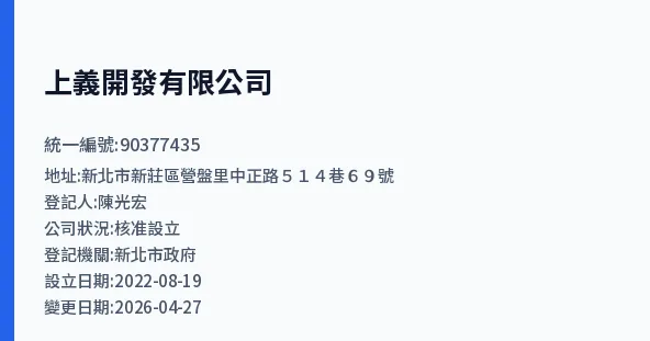上義開發有限公司的照片-統編 90377435(新北市) 公司登記資料與營業項目詳細圖表