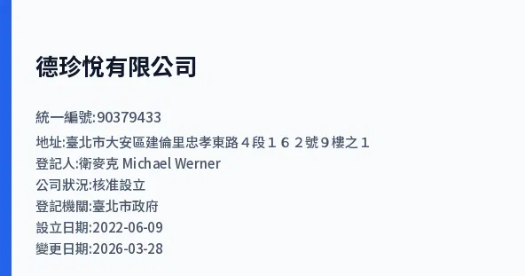 德珍悅有限公司的照片-統編 90379433(臺北市) 公司登記資料與營業項目詳細圖表