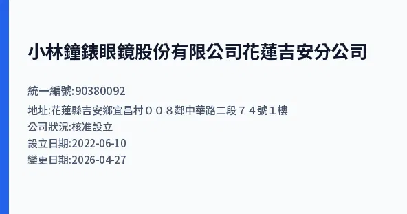 小林鐘錶眼鏡股份有限公司花蓮吉安分公司的照片-統編 90380092(花蓮縣) 公司登記資料與營業項目詳細圖表