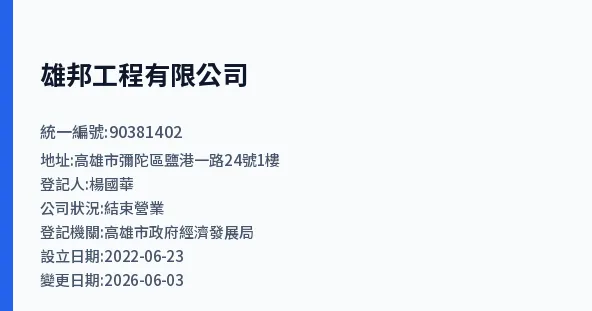 雄邦工程有限公司的照片-統編 90381402(高雄市) 公司登記資料與營業項目詳細圖表