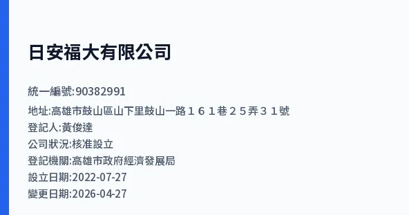日安福大有限公司的照片-統編 90382991(高雄市) 公司登記資料與營業項目詳細圖表