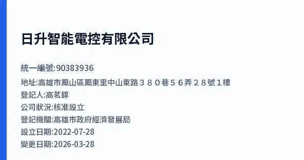 日升智能電控有限公司的照片-統編 90383936(高雄市) 公司登記資料與營業項目詳細圖表