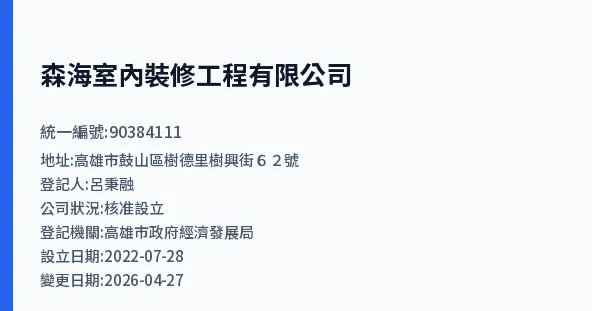 森海室內裝修工程有限公司的照片-統編 90384111(高雄市) 公司登記資料與營業項目詳細圖表