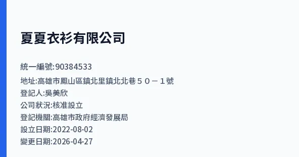 夏夏衣衫有限公司的照片-統編 90384533(高雄市) 公司登記資料與營業項目詳細圖表