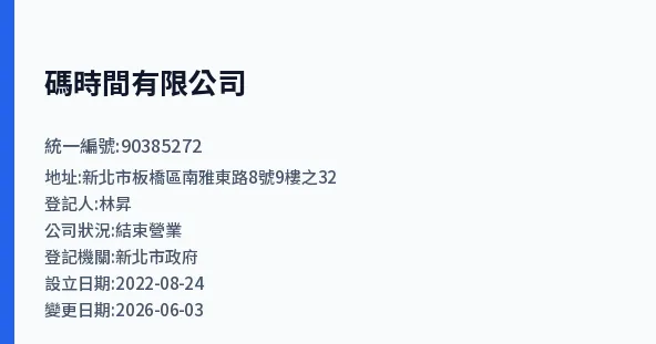 碼時間有限公司的照片-統編 90385272(新北市) 公司登記資料與營業項目詳細圖表