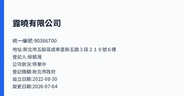 露曉有限公司的照片-統編 90386700(新北市) 公司登記資料與營業項目詳細圖表