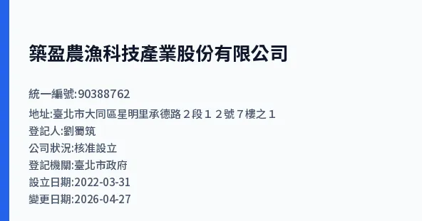 築盈農漁科技產業股份有限公司的照片-統編 90388762(臺北市) 公司登記資料與營業項目詳細圖表