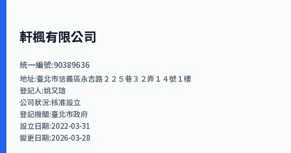 軒楓有限公司的照片-統編 90389636(臺北市) 公司登記資料與營業項目詳細圖表