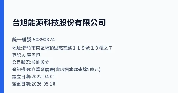 台旭能源科技股份有限公司的照片-統編 90390824(新竹市) 公司登記資料與營業項目詳細圖表