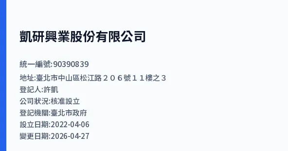 凱研興業股份有限公司的照片-統編 90390839(臺北市) 公司登記資料與營業項目詳細圖表