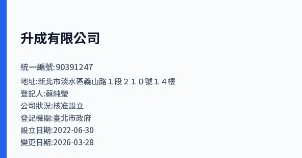 升成有限公司的照片-統編 90391247(新北市) 公司登記資料與營業項目詳細圖表